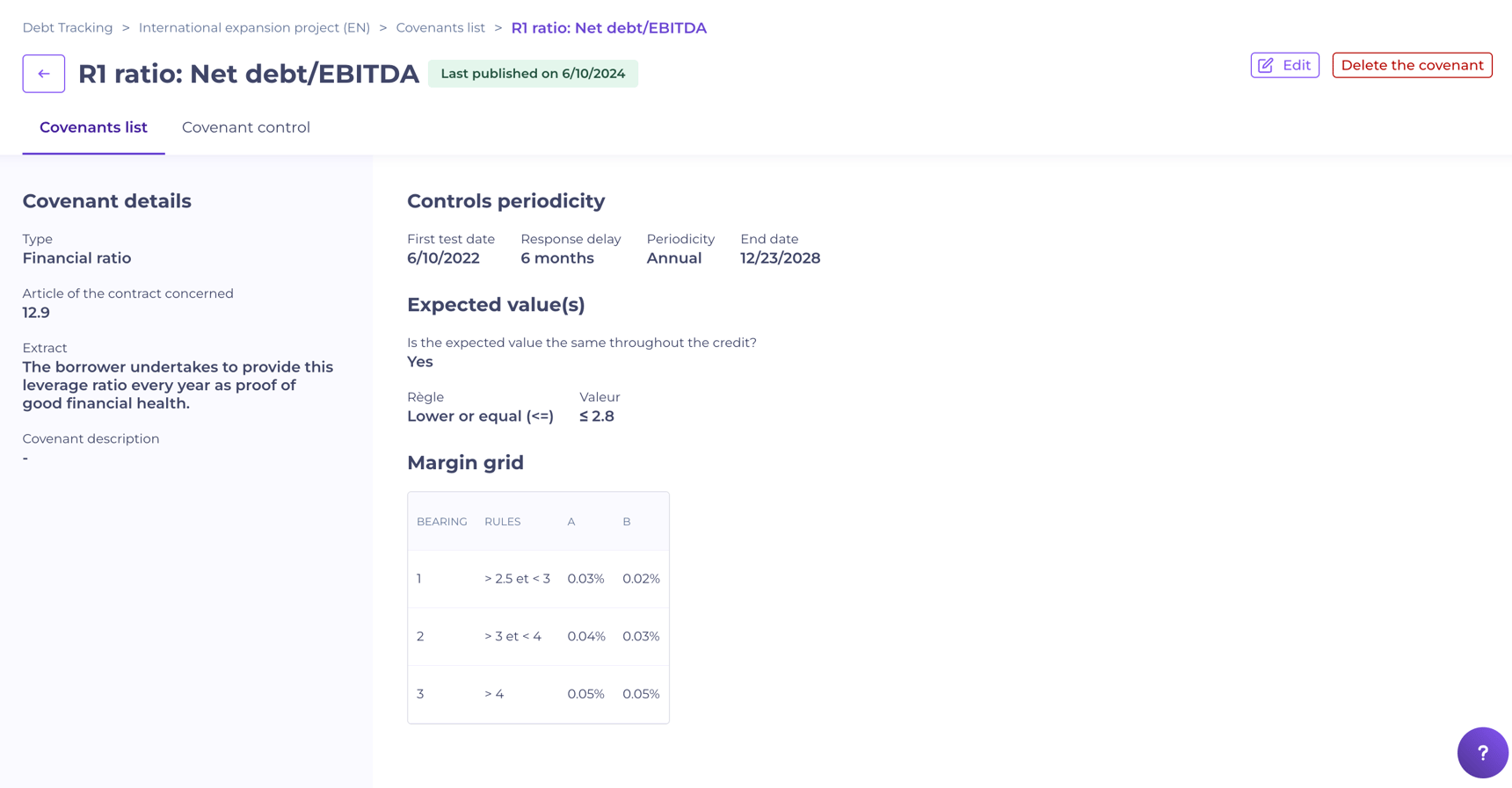 How to set up covenants in the Kls Desk Debt Tracking application?