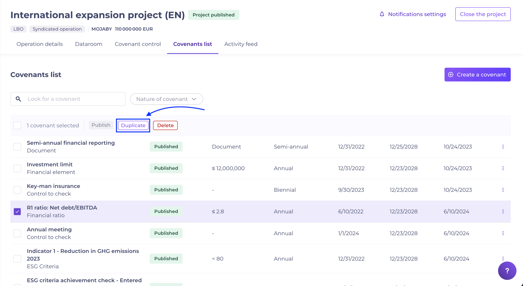 How to set up covenants in the Kls Desk Debt Tracking application?
